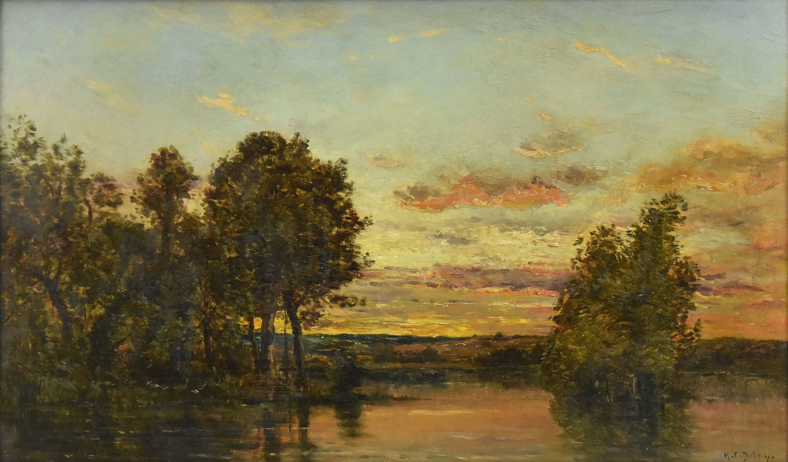 Hippolyte Camille Delpy | HC DELPY LAKESIDE SUNSET OIL PAINTING | MutualArt