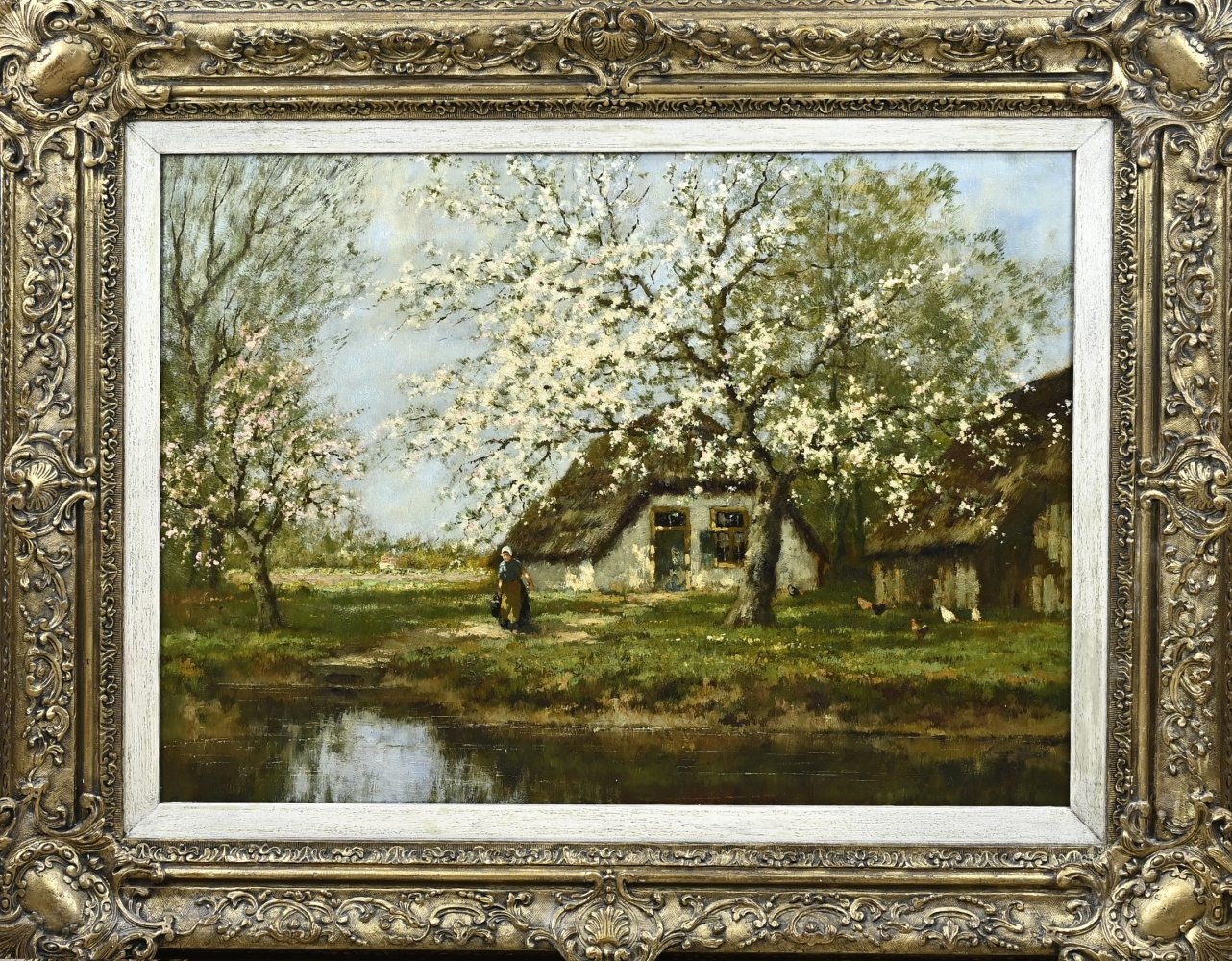 Cornelis Bouter | Boerin bij bloeiende fruitbomen en kippen | MutualArt