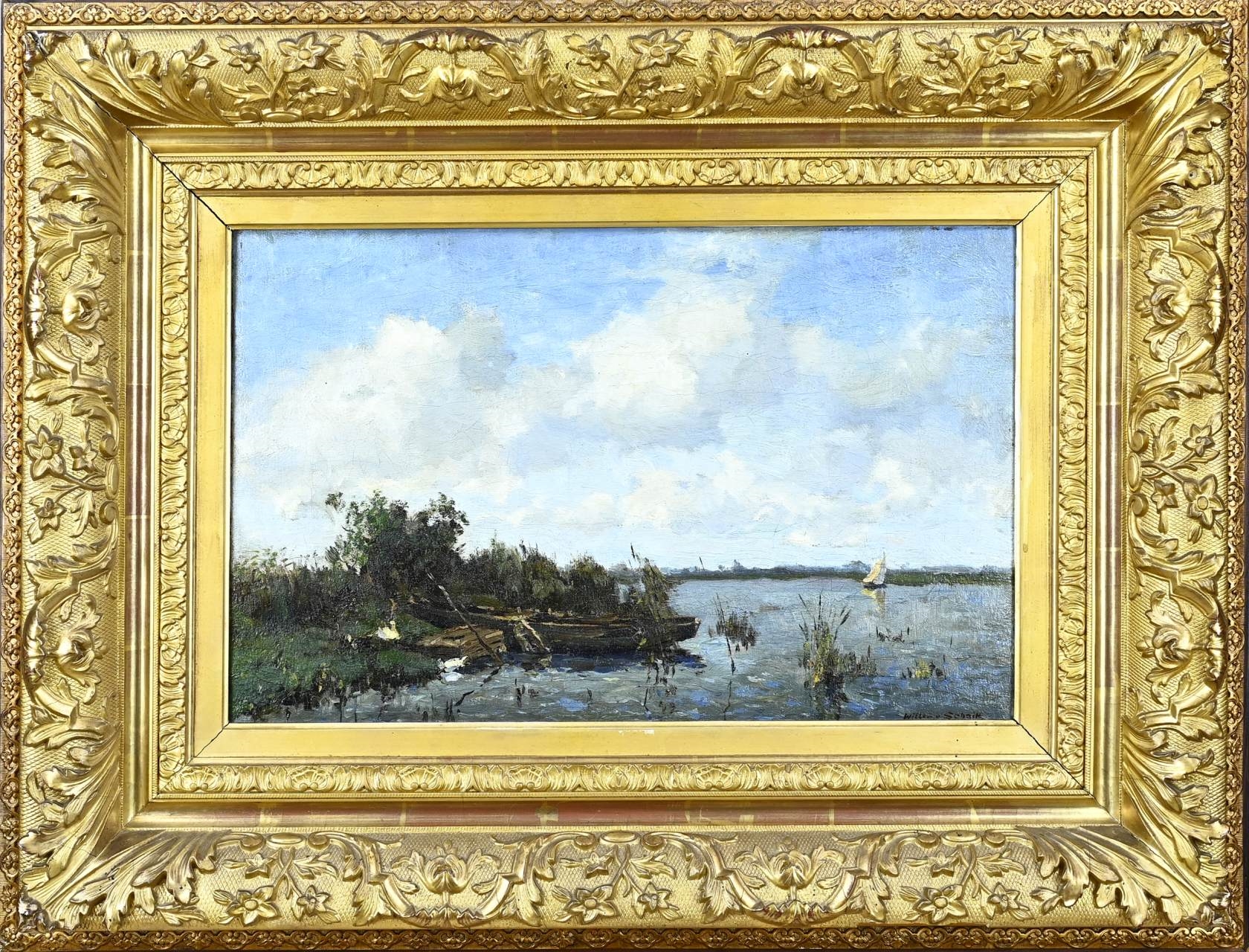 Willem Henri Van Schaik | Poldergezicht met zeilboot | MutualArt