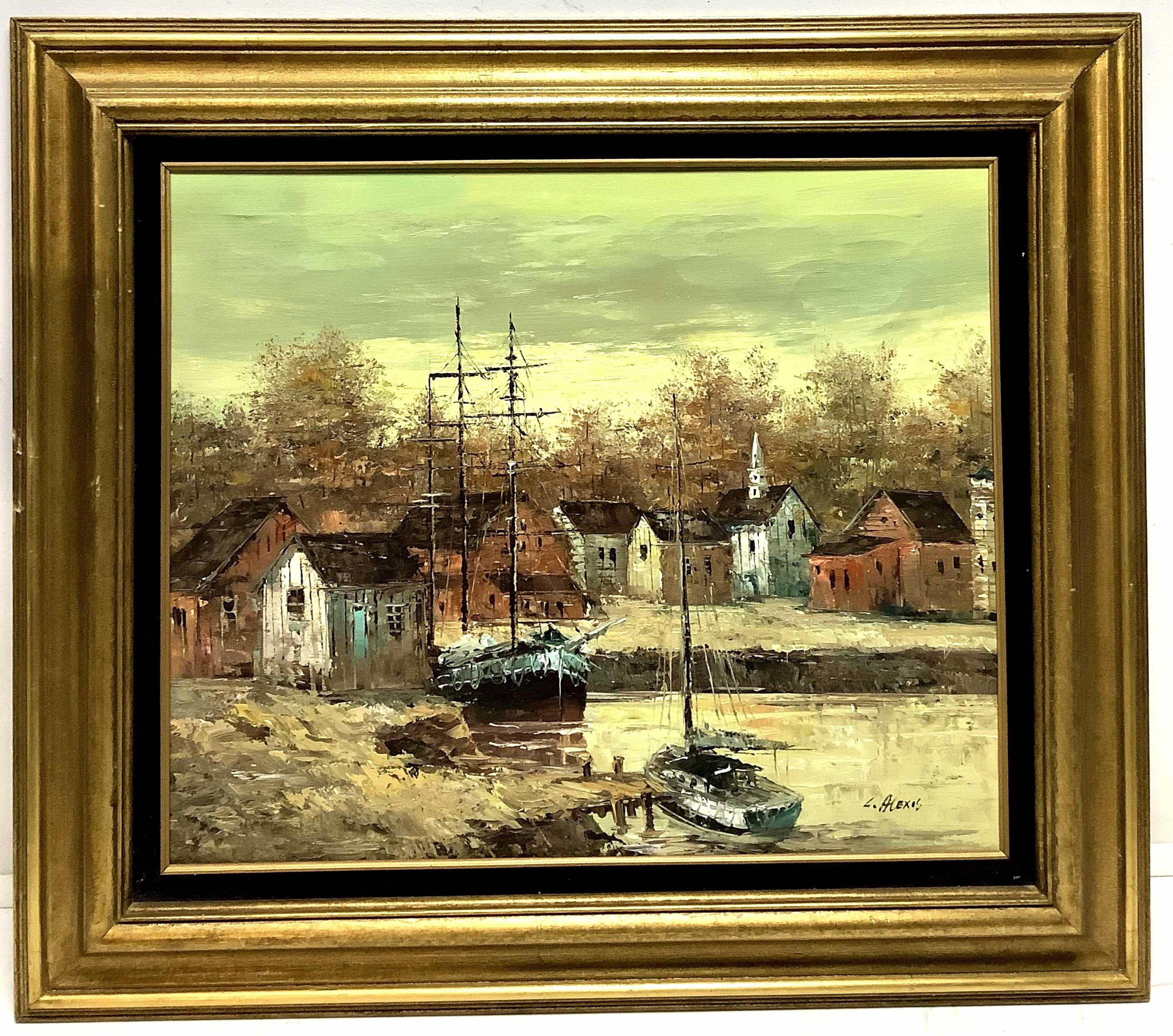 L. Alexis | L. Alexis Signed Boat Dock Oil On Canvas (1619) | MutualArt