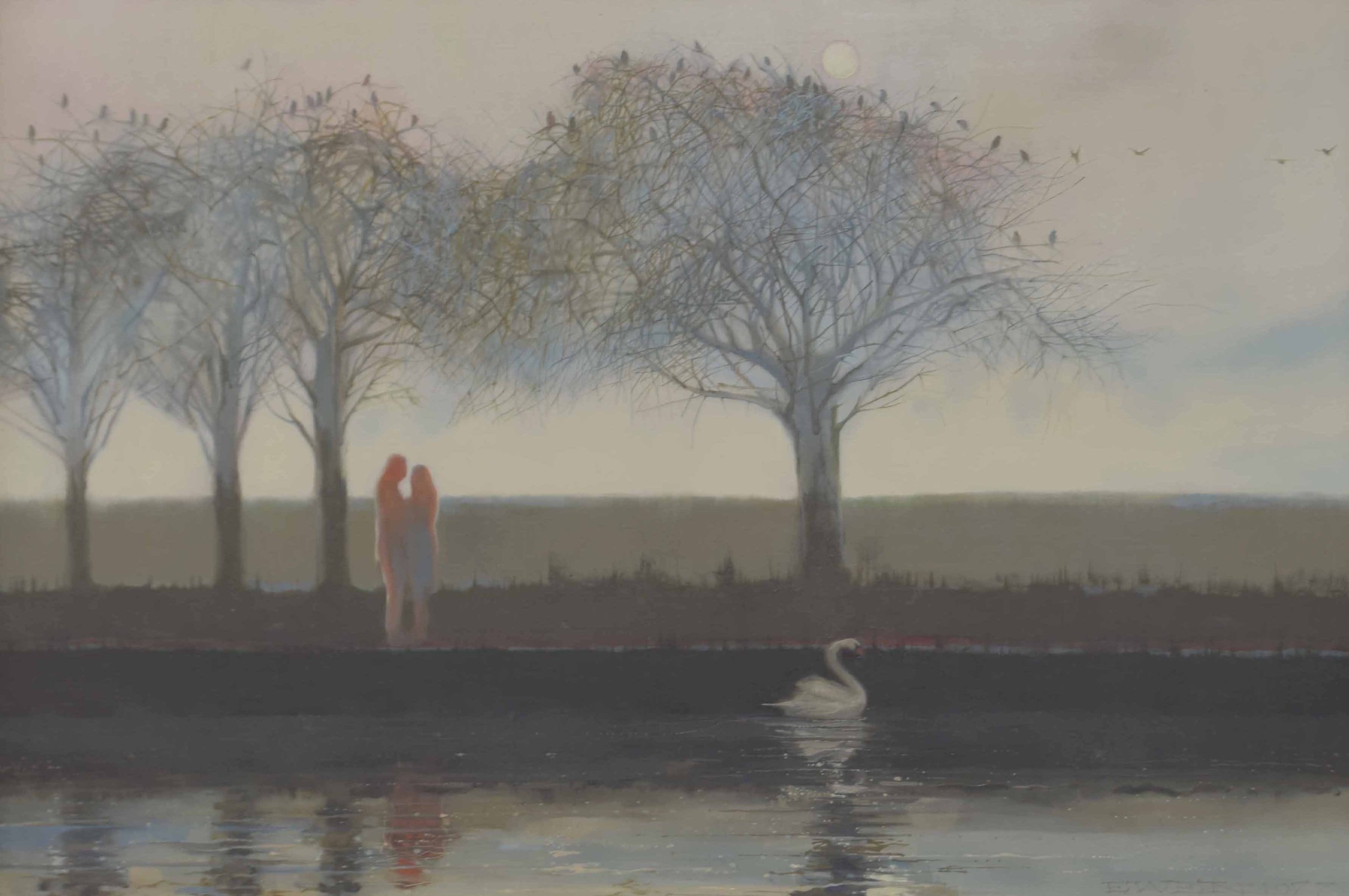 Richard Ewen | - Pastoral river landscape with two figures beside trees ...