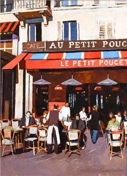 Jeremy Sanders | Parisian cafe with figures seated beneath a red awning ...