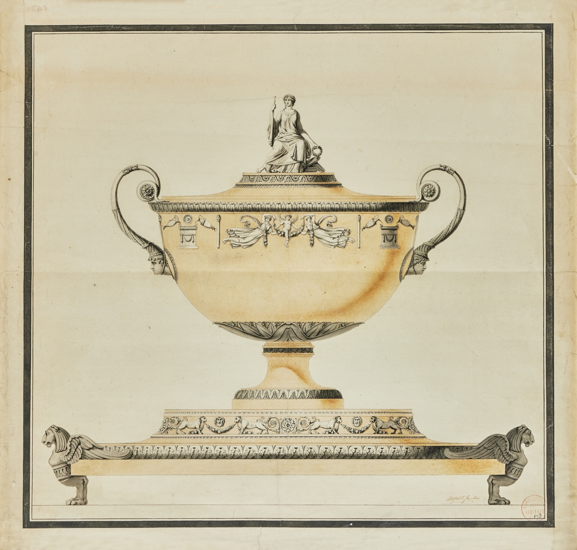 Jean-Guillaume Moitte | Presentation Drawing of a Pot a Oille on Stand ...