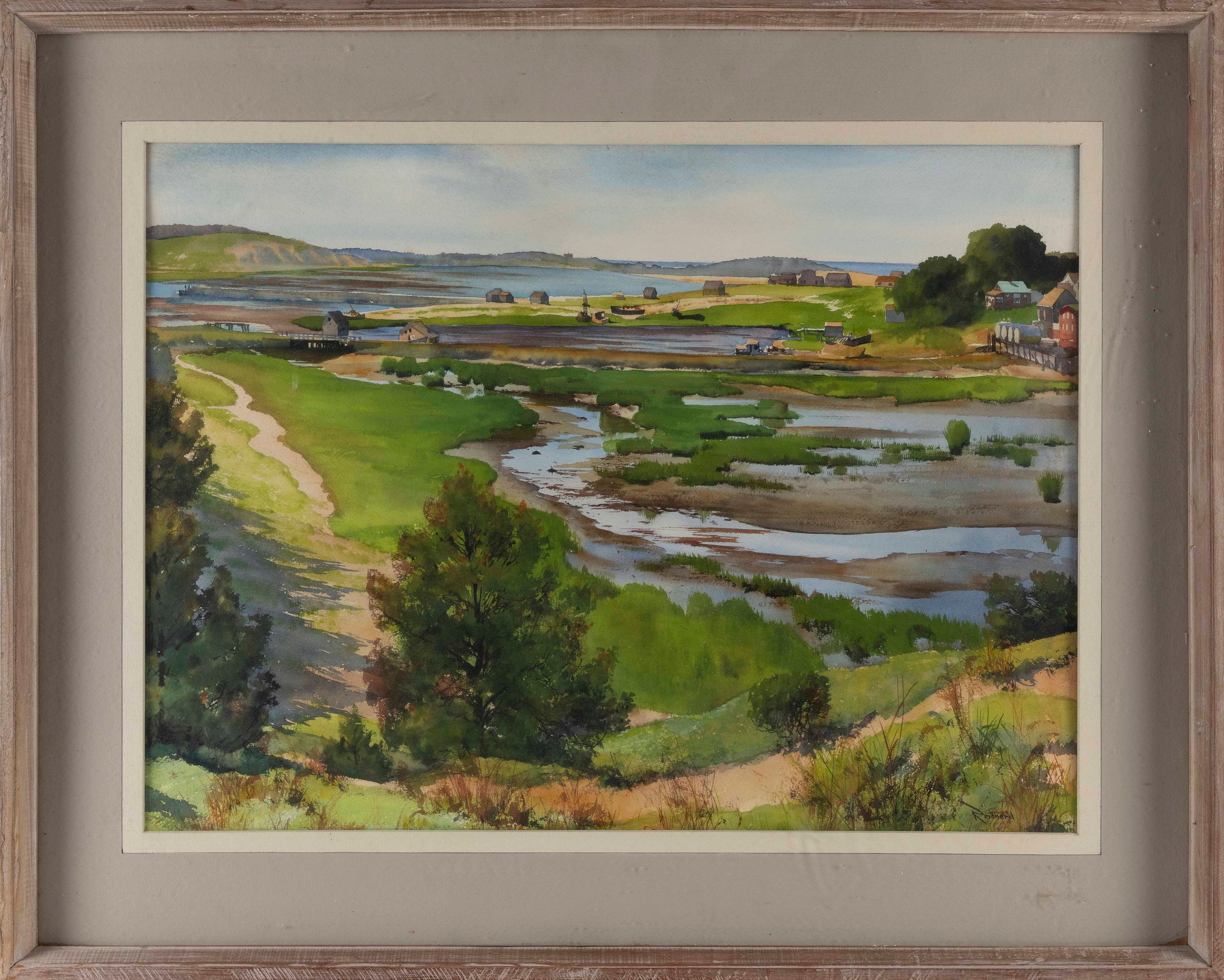 Joel W. Reichard | Expansive coastal scene with fishing shacks and ...