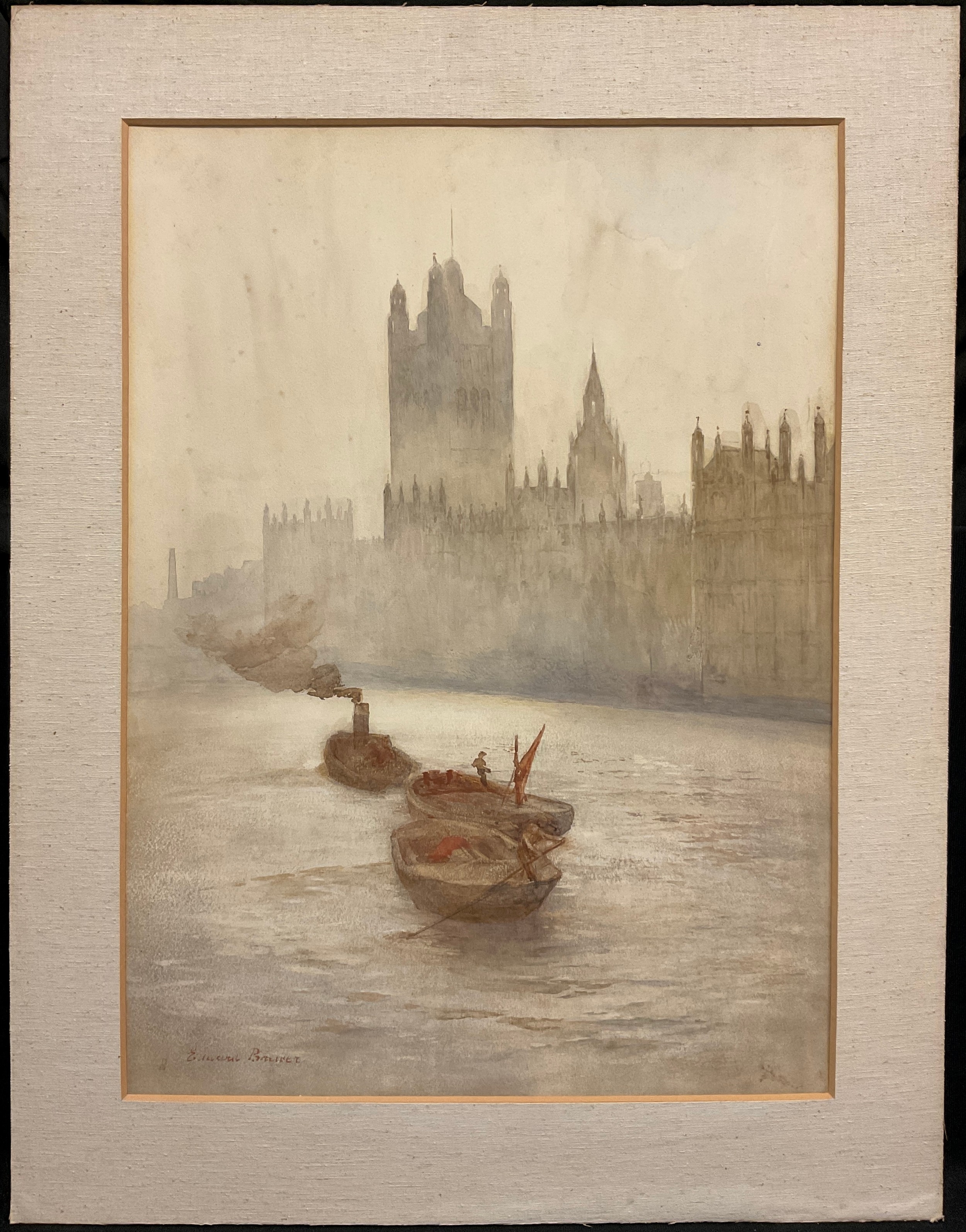 Edward Victor Brewer | Tug and Barges by Westminster, Thames River ...
