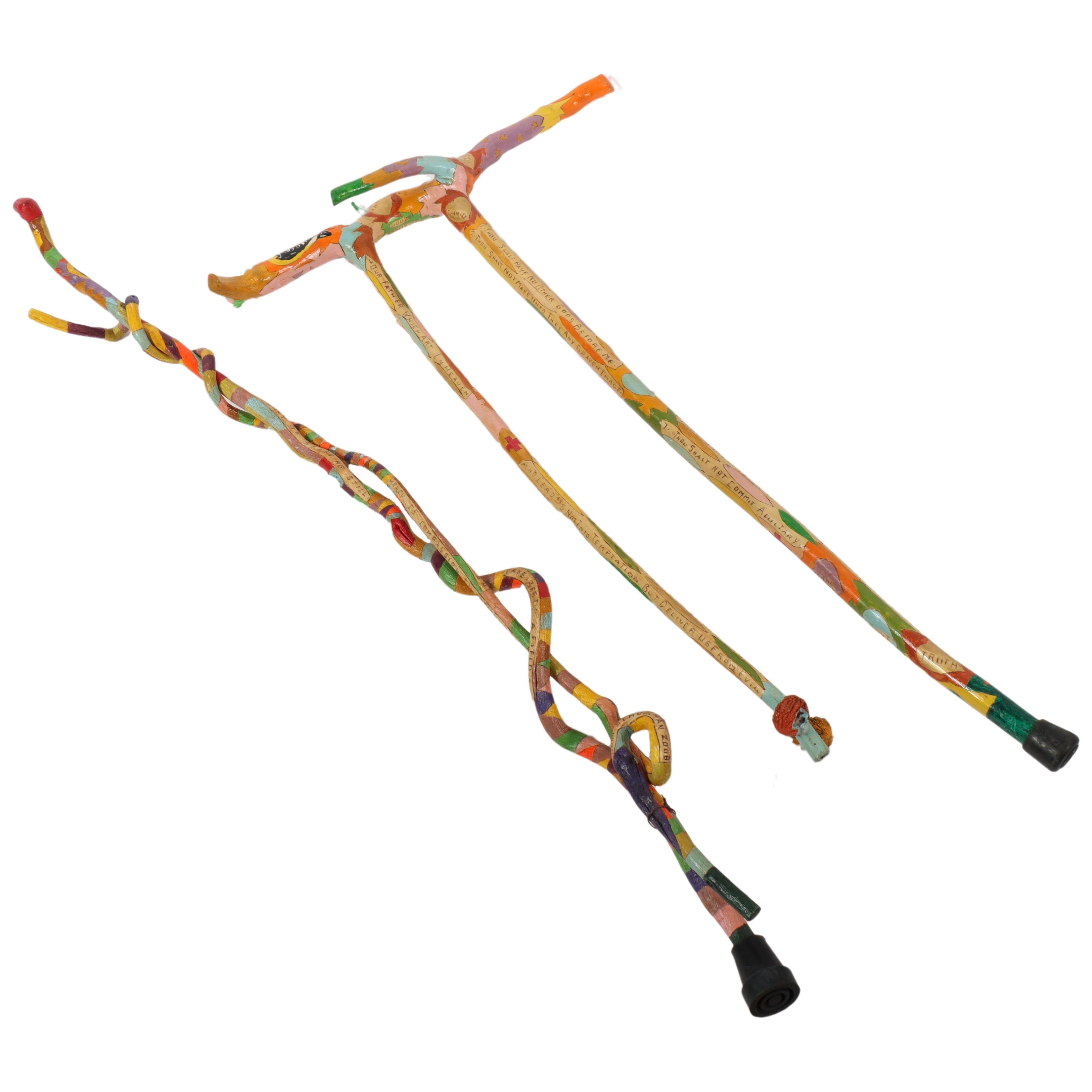 John Schoolman | Lot of 2 John Schoolman folk art painted handmade cane ...