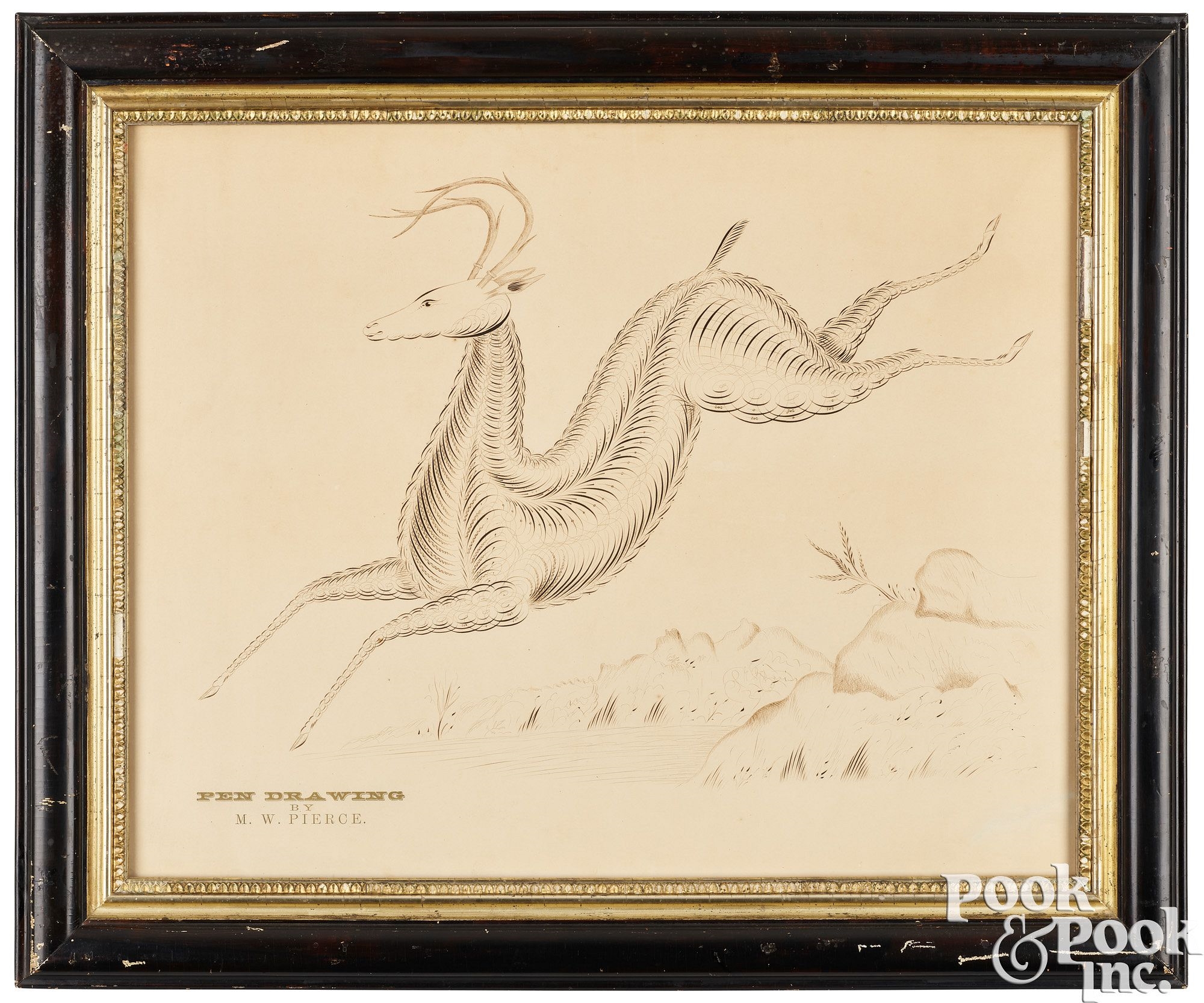 M.W. Pierce | Large Spencerian drawing of a running stag | MutualArt