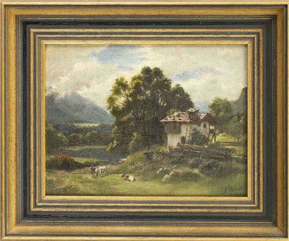Emil Keck | small alpine landscape with hut and goats (1887) | MutualArt