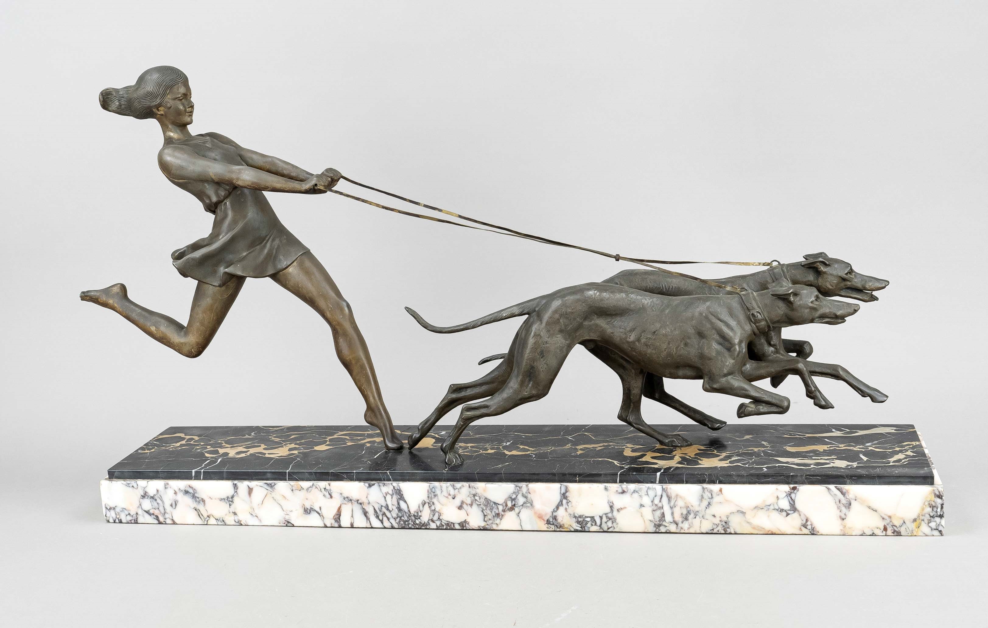 Georges Maxim | Art Deco group of a young woman pulled by two ...