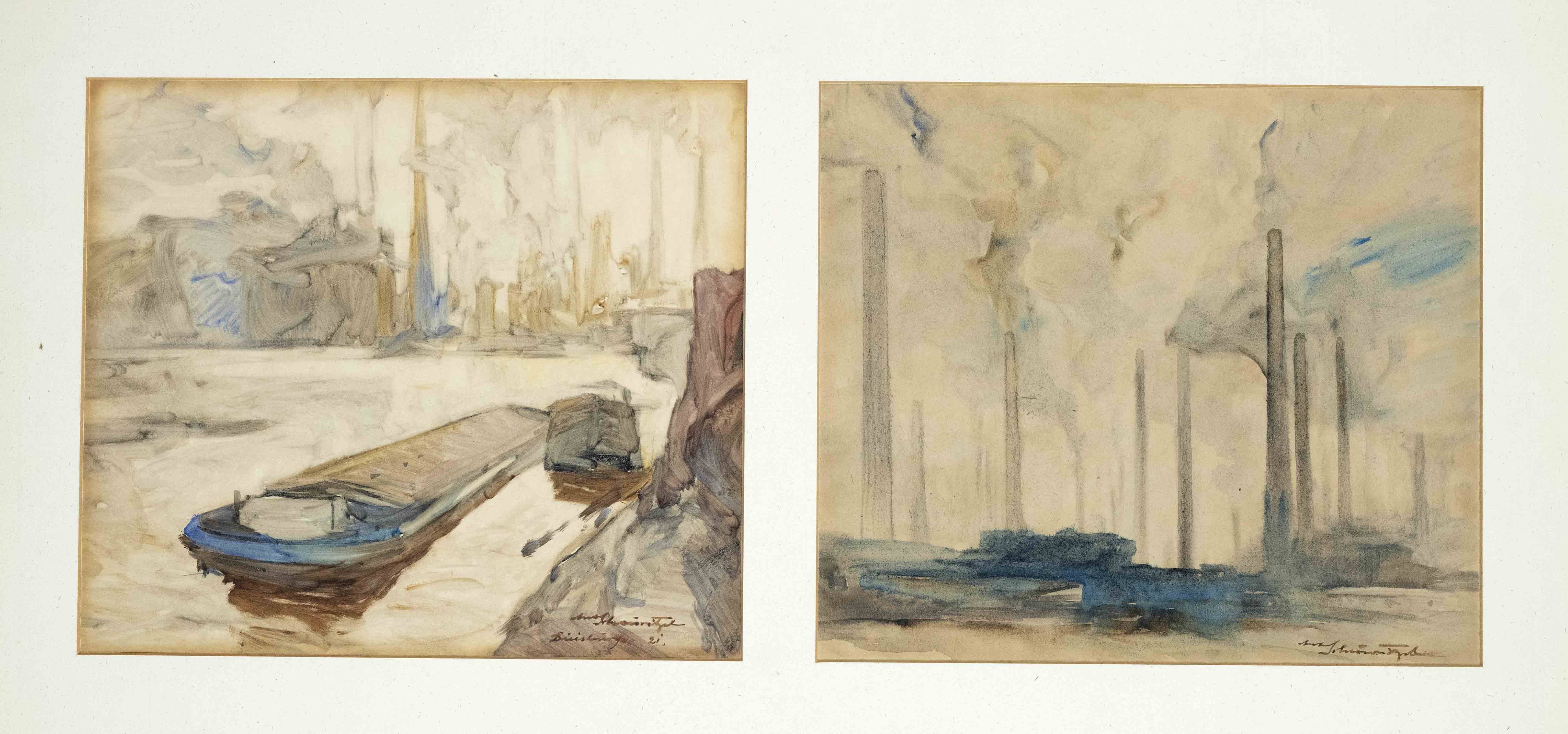 Anton Scheuritzel | two Impressionist watercolors with industrial ...
