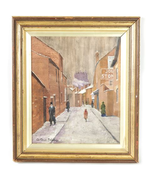 Arthur Delaney | Winter Lancashire street scene with figures and Church ...