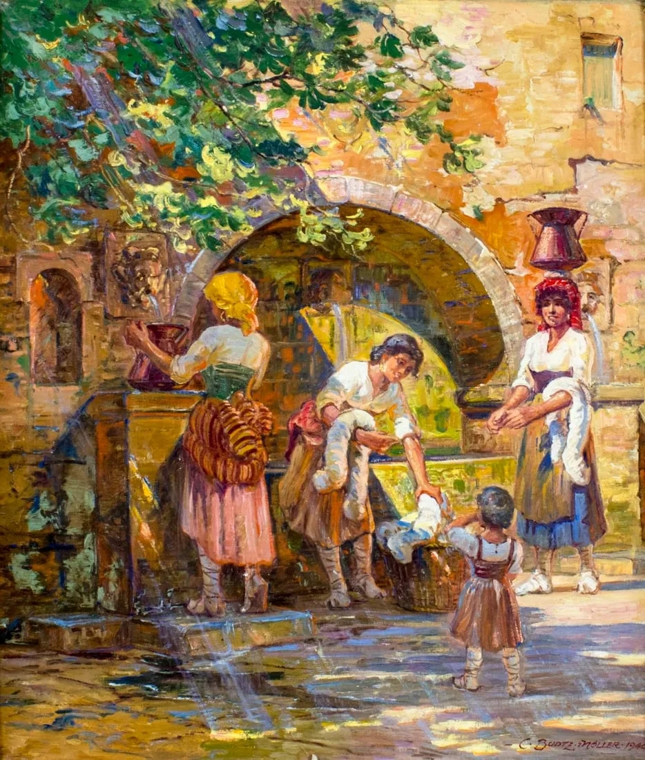 Carl Budtz-Moller | Sicilian women Doing Laundry (1940) | MutualArt