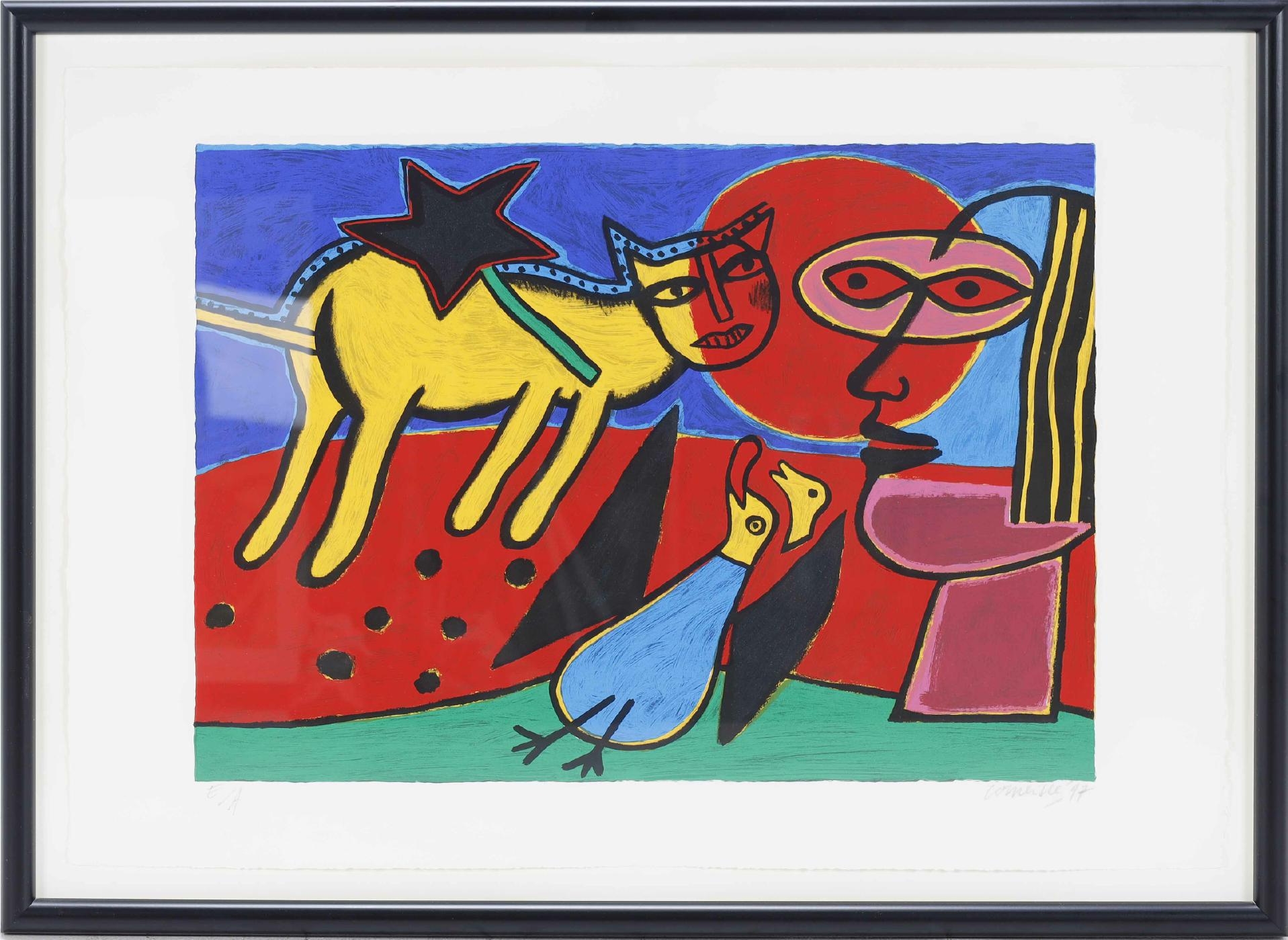 Corneille | Komposition med ansigt, kat og fugl (97) | MutualArt