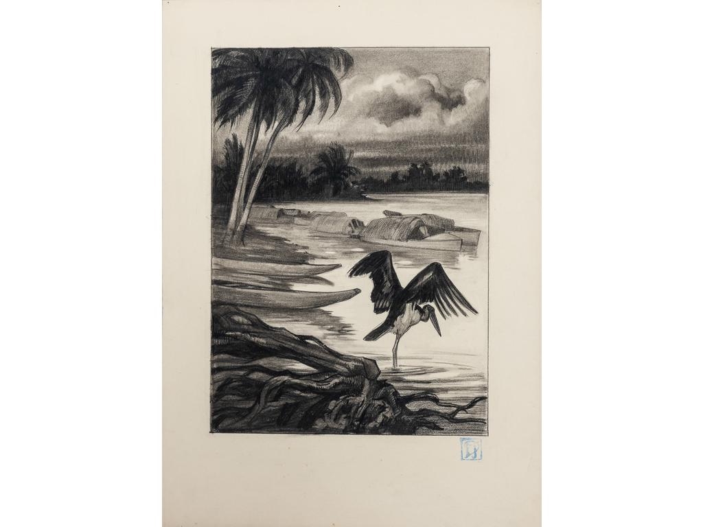 Jean Durand | Echassier et barques au bord du fleuve | MutualArt