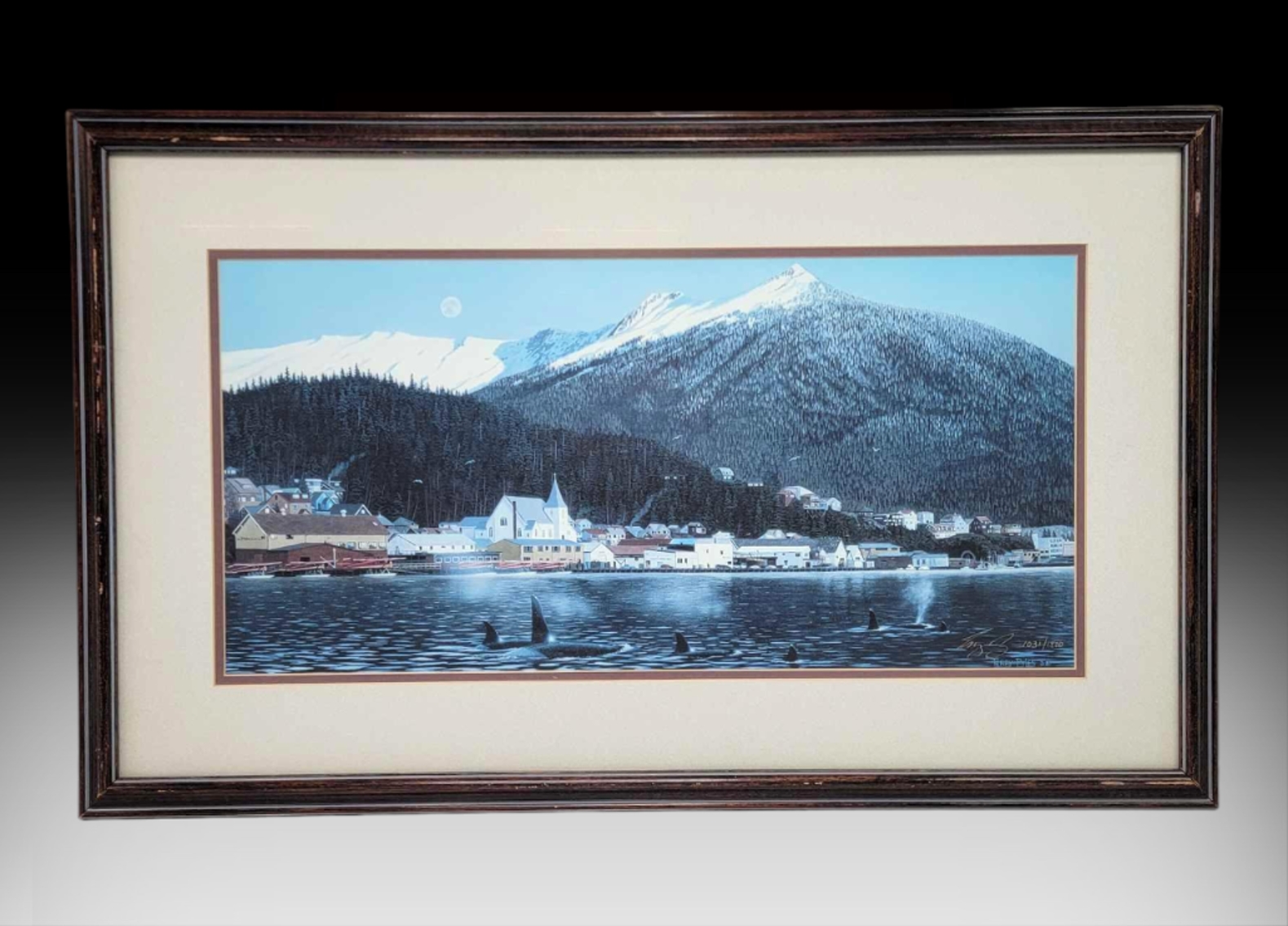 Terry Pyles | Orcas Swimming by a Town | MutualArt