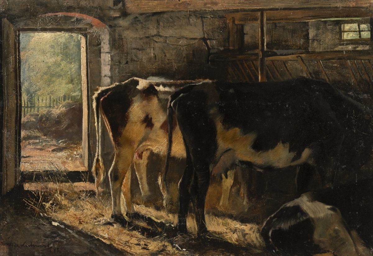 Wilhelm Kuhnert | Barn interior with cattle (1885) | MutualArt