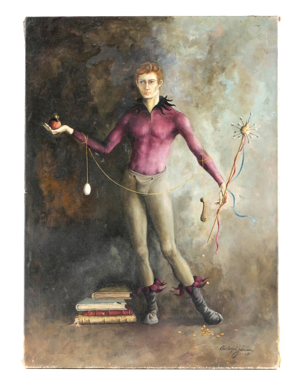 Johnson, Randolph | Portrait of a jester holding a staff, apple, and ...