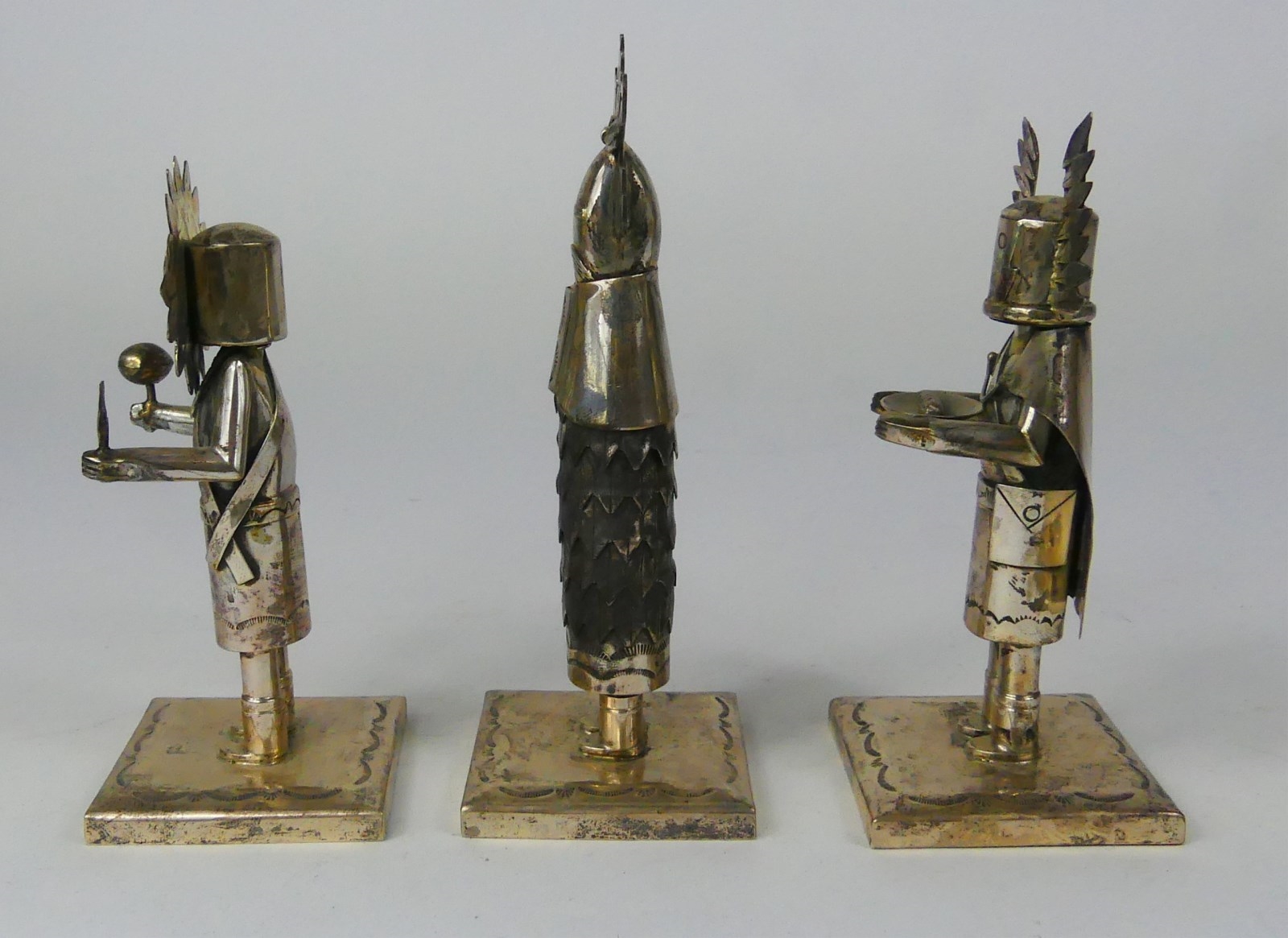 Jeffrey Castillo | Three sterling silver Kachina sculptures by Jeffrey ...