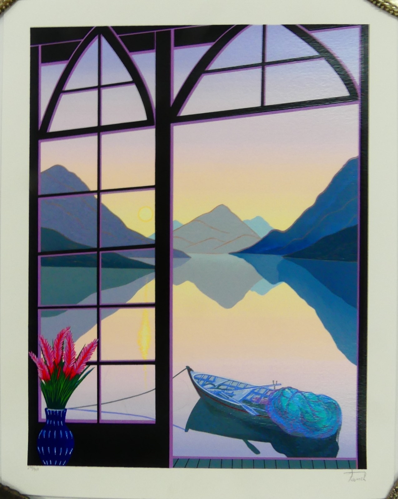 Fanch Ledan | color serigraph depicting a window view of a mountainous ...