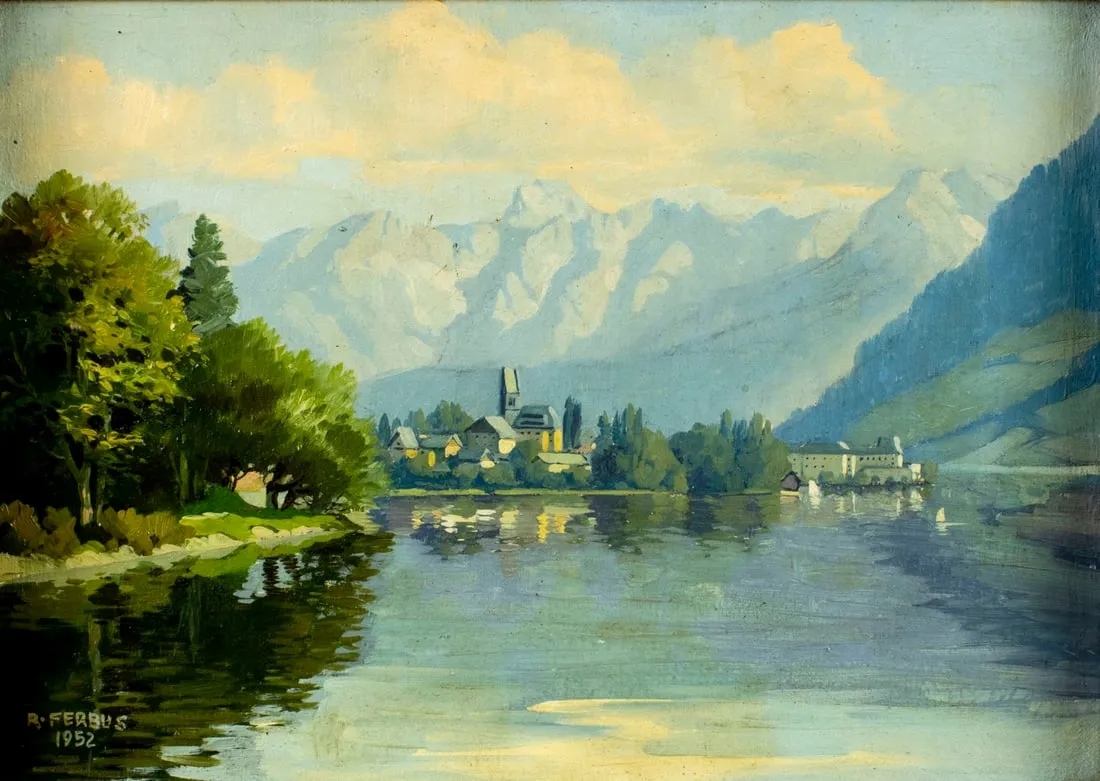 Rudolf Ferbus | Alpine Lake Landscape (1952) | MutualArt