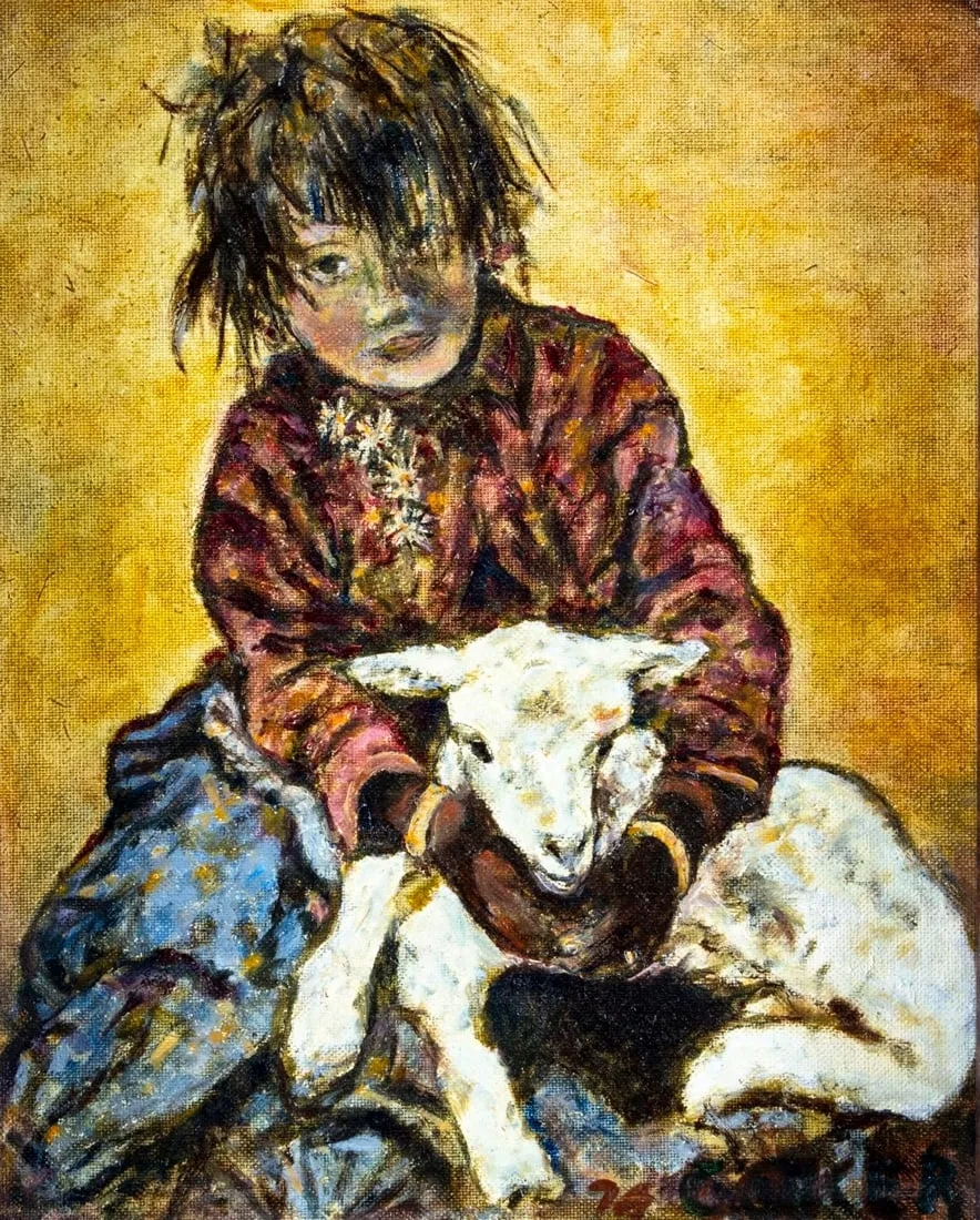 James Coker | Indian Child with Sheep (1974) | MutualArt