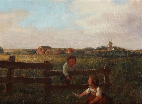 David Monies | Two children playing by a fence | MutualArt