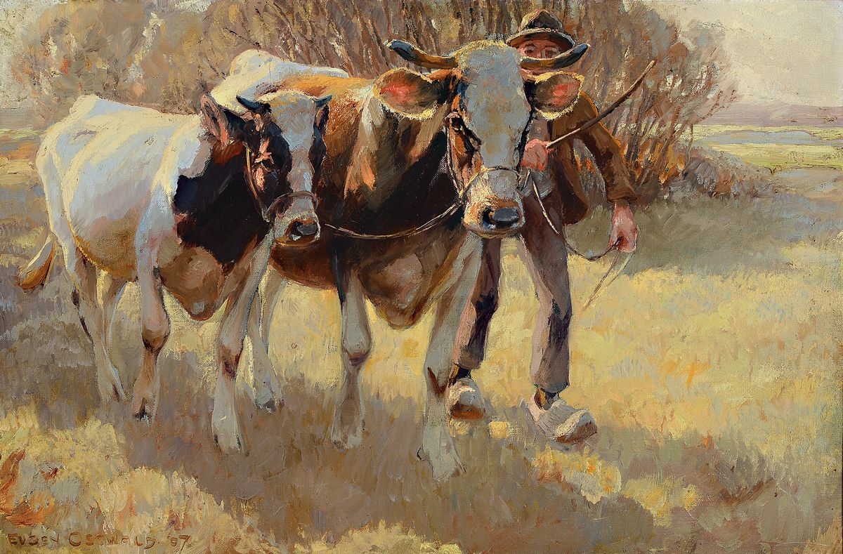 Eugen Osswald | farmer with two cows in a landscape (1907) | MutualArt
