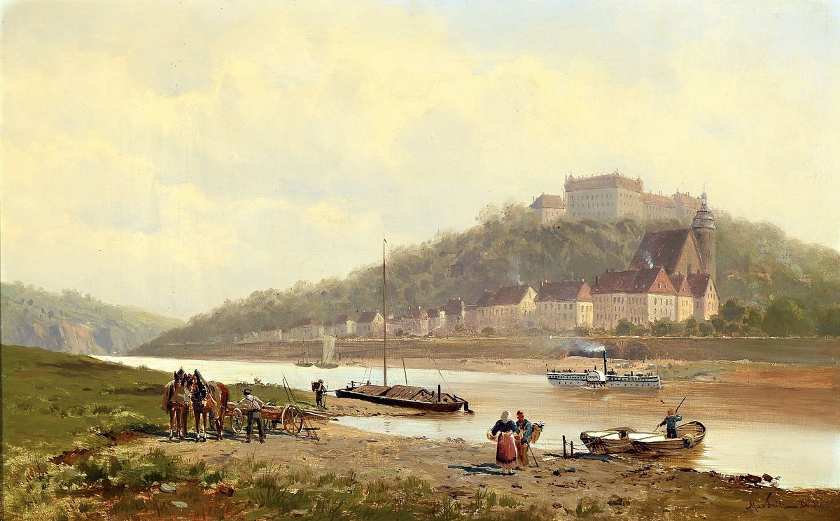 Max Fritz | river bank landscape with fishermen | MutualArt