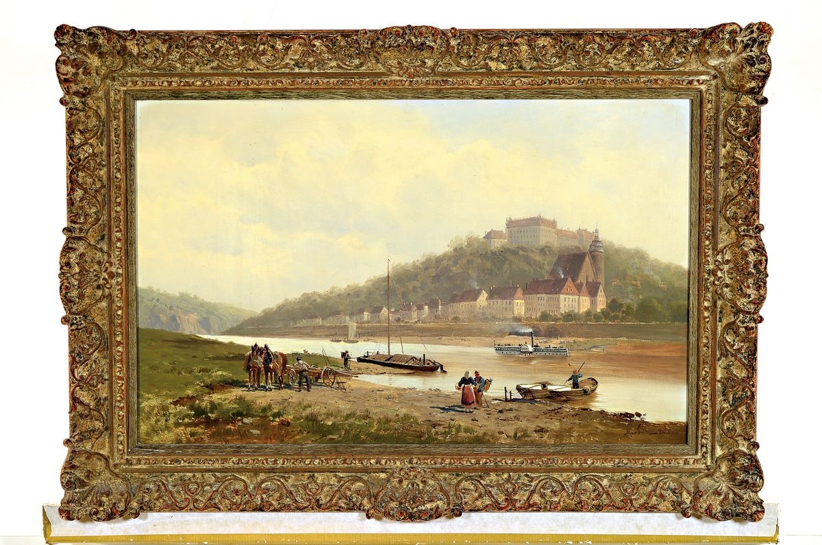 Max Fritz | river bank landscape with fishermen | MutualArt