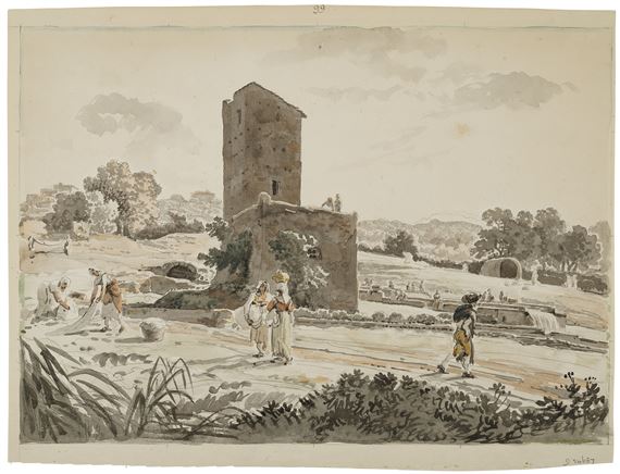 Carlo Labruzzi | Washerwomen and other figures in a landscape with a ...