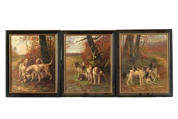 E.M. Samson | Set of three paintings of hunting dogs | MutualArt