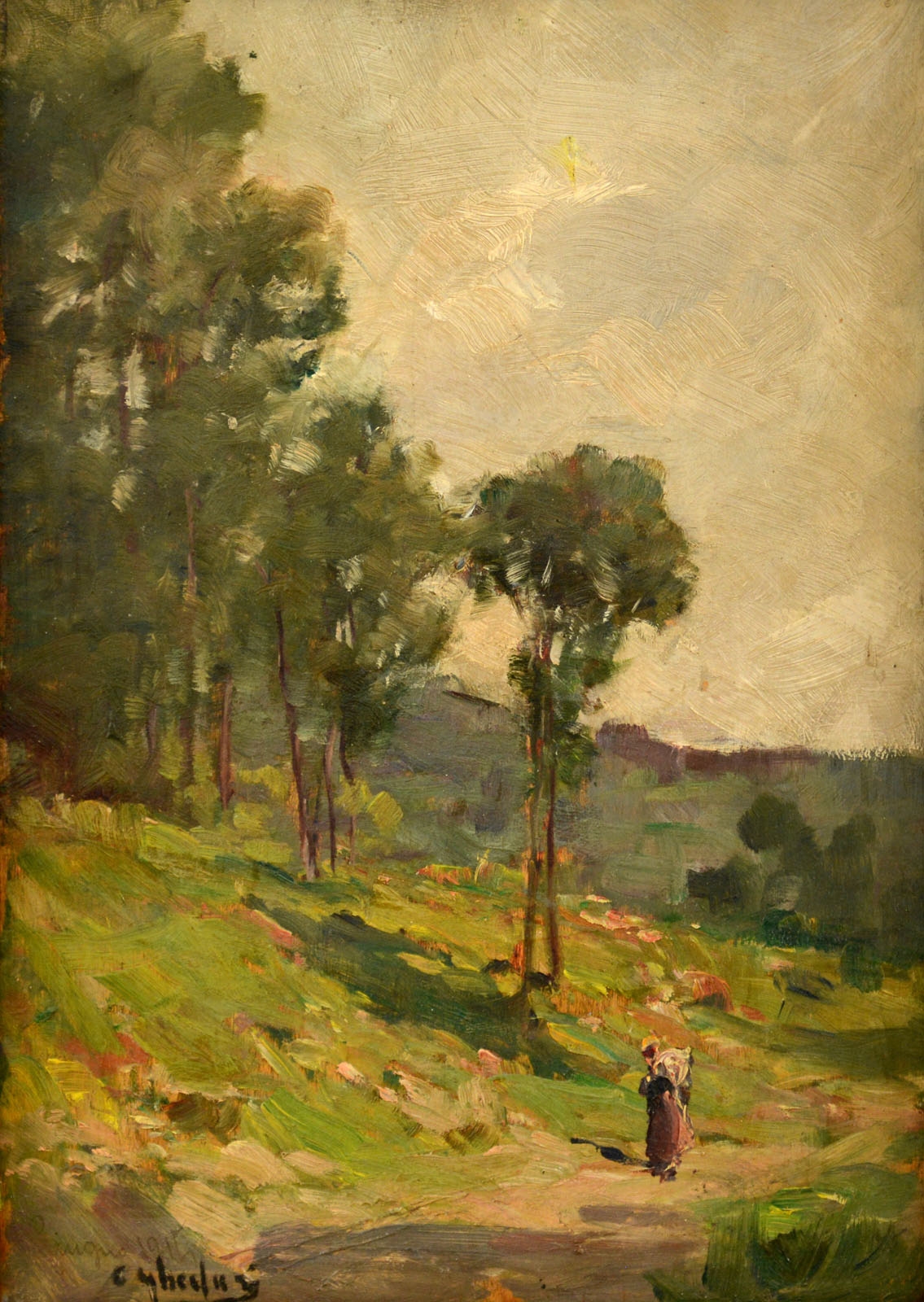 Cesare Gheduzzi | Piedmont landscape with figure (1914) | MutualArt