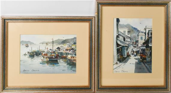 Chin Chung | : Street Scene and Fishing Boats | MutualArt