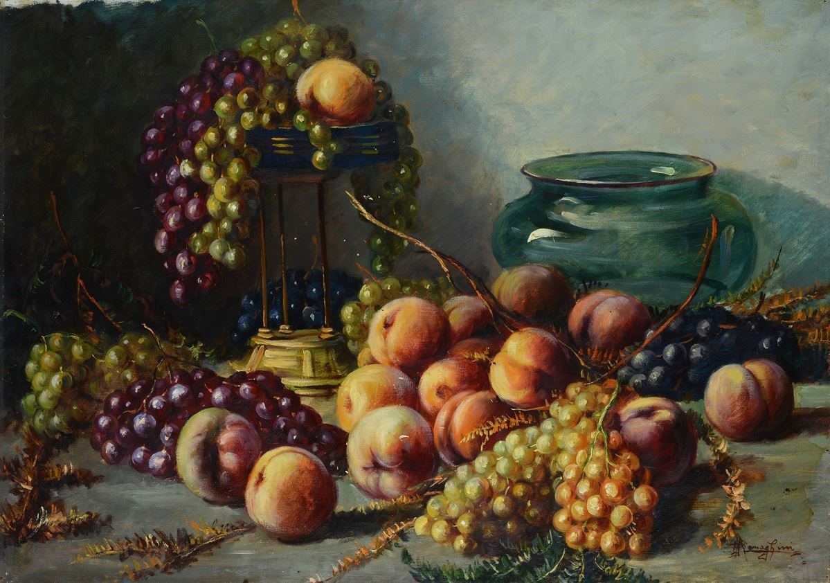 Ruggero Meneghini | Natura morta con pesche e uva | MutualArt