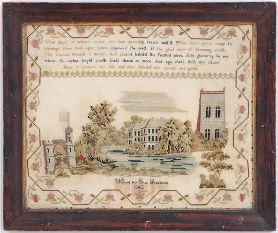 Ellen Robbins | Large Victorian pictorial wool needlework sampler (1842 ...