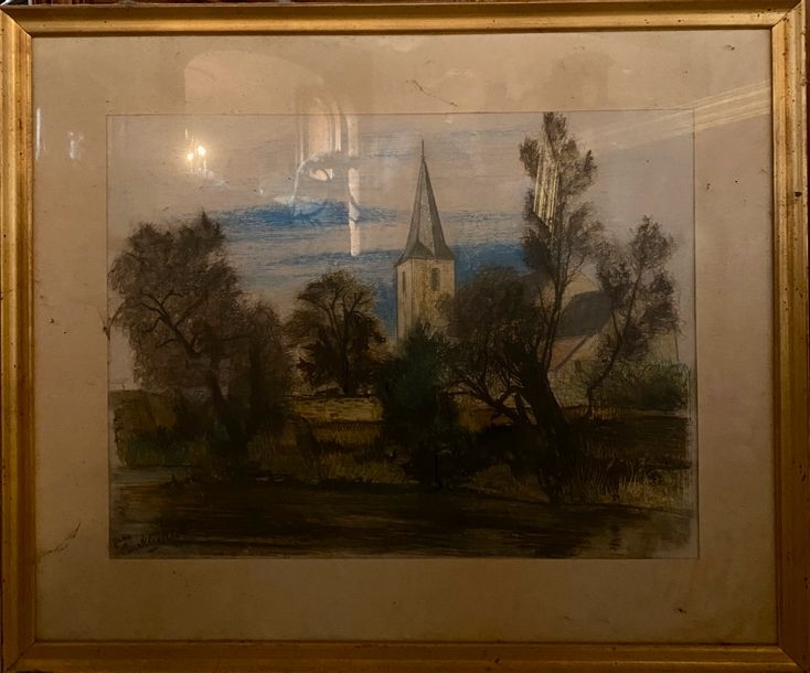 Jean Burkhalter | Jean BURKHALTER (1895-1982) Church view Charcoal ...