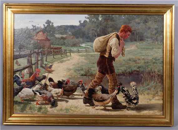 Alphonse Cullis | farm boy feeding the poultry (1884) | MutualArt