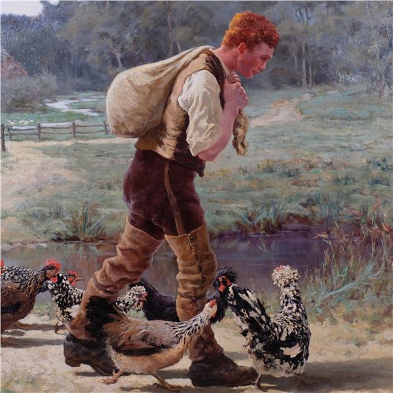 Alphonse Cullis | farm boy feeding the poultry (1884) | MutualArt