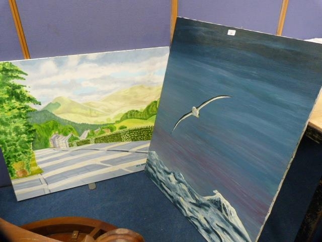 Eric Booth Moodycliffe | Village scene with mountains to the background ...