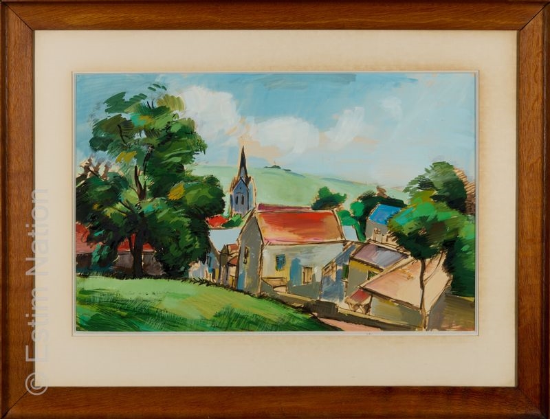 Jacques Nam | Country landscape with a village Gouache on paper | MutualArt