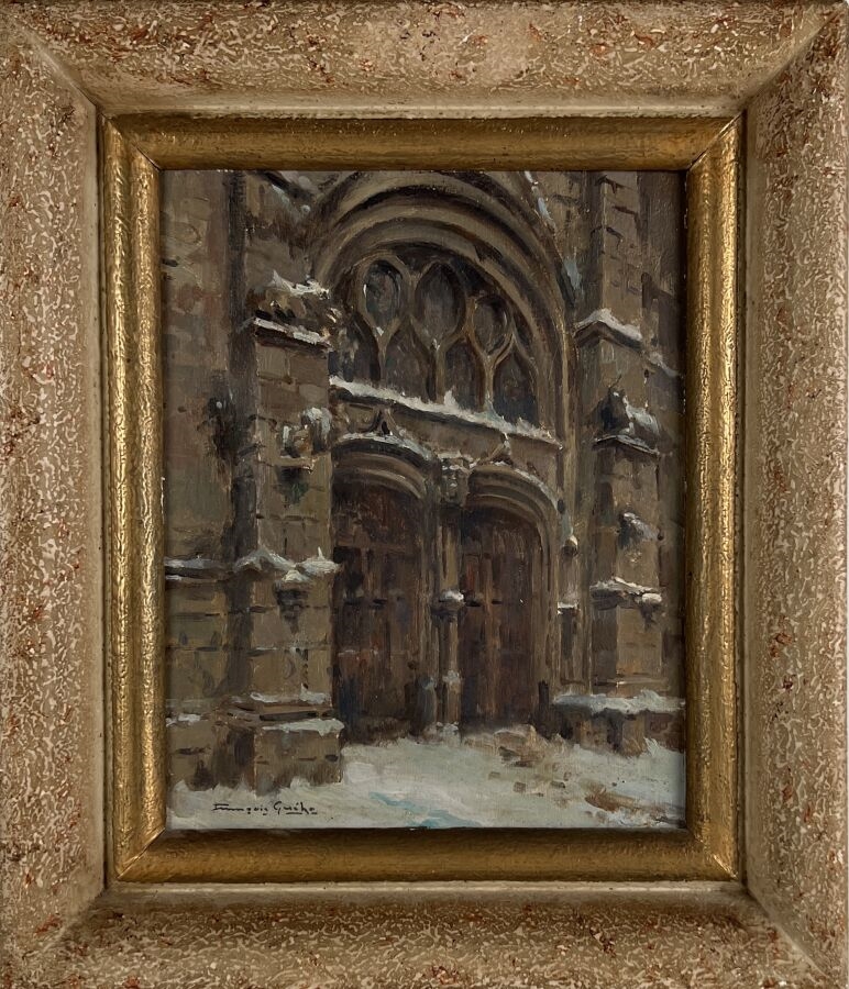 François Gueho | Portail d'une église bretonne sous la neige | MutualArt