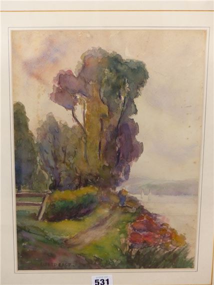 Sir Alfred East | RIVER VIEW WITH FIGURE ON A PATH AND SAILING BOATS ...