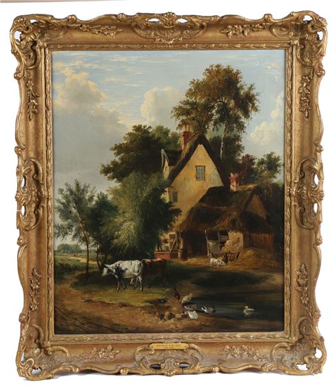George Vincent | 1831) CATTLE AND CHICKENS BEFORE A COTTAGE. | MutualArt