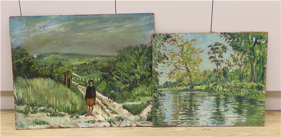 Michael Blaker | Figure on a pathway before hills and river landscape ...