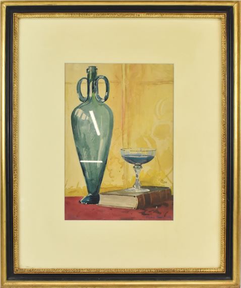 Flora Bush | still life depicting vase and glass on top of a book ...