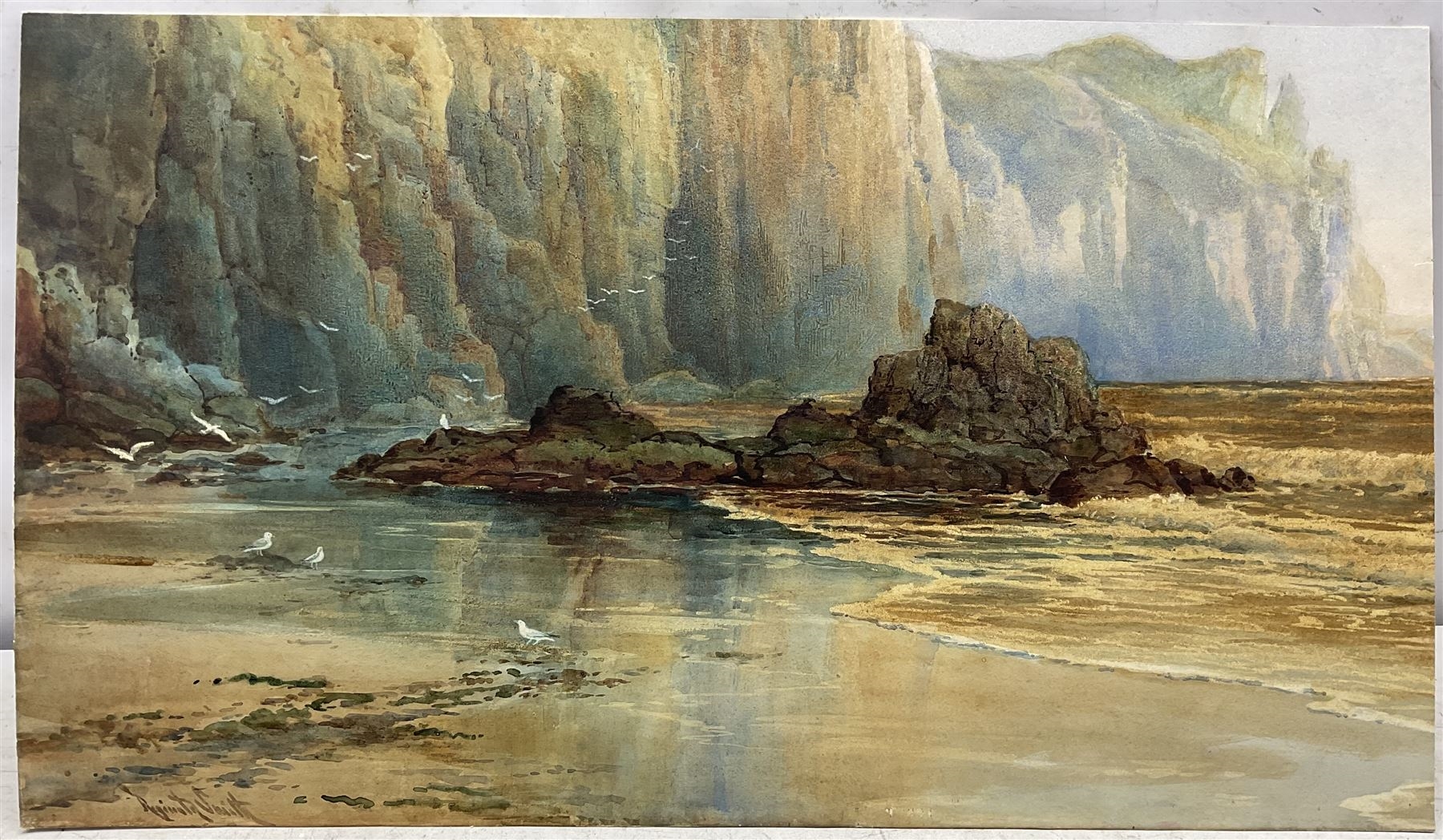 Reginald Smith | Seagulls on the Shore beneath Rocky Cliffs | MutualArt