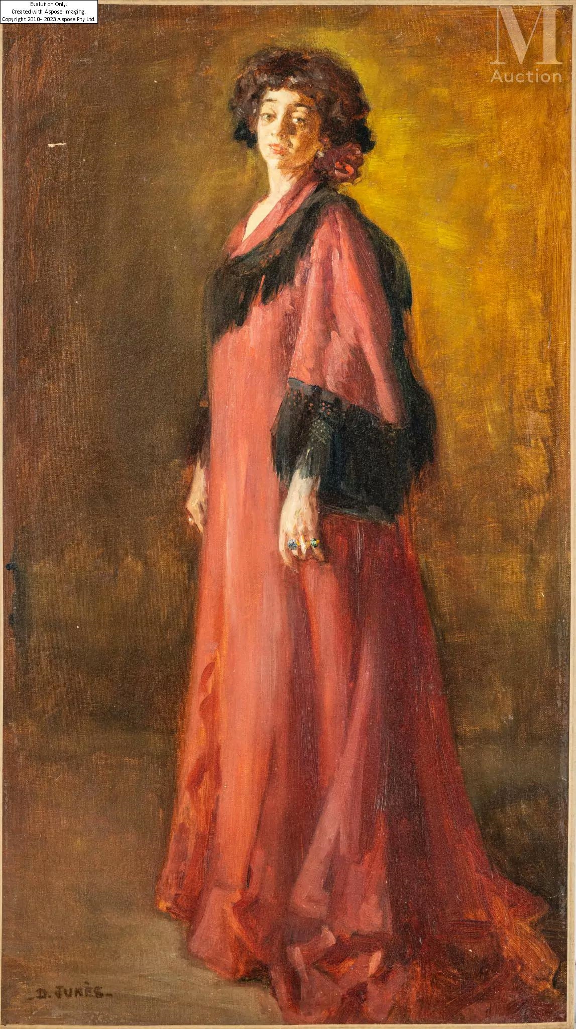 David Junes | Portrait d’élégante à la robe rouge | MutualArt