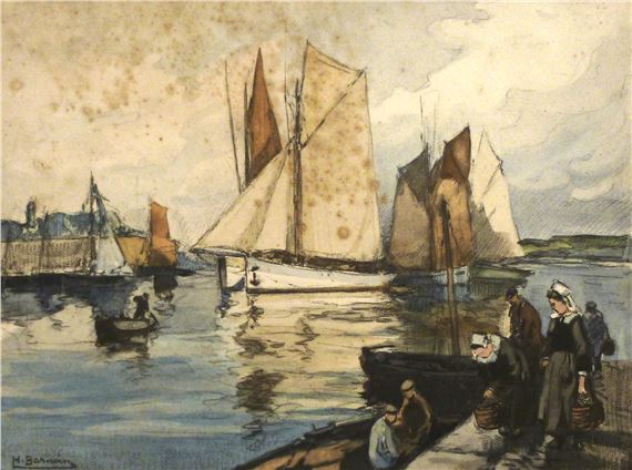 Henri Alphonse Barnoin | A harbour scene with figures on the Quai in ...