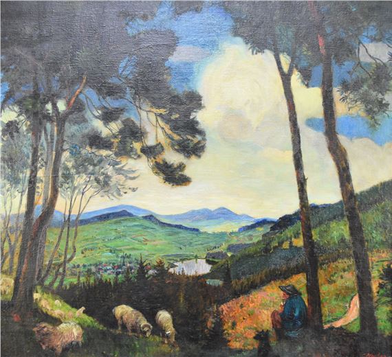 Carl Hachez | Shepherd and flock in an extensive landscape | MutualArt