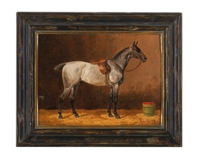 Emil Volkers | A saddled horse in a stable (1903) | MutualArt